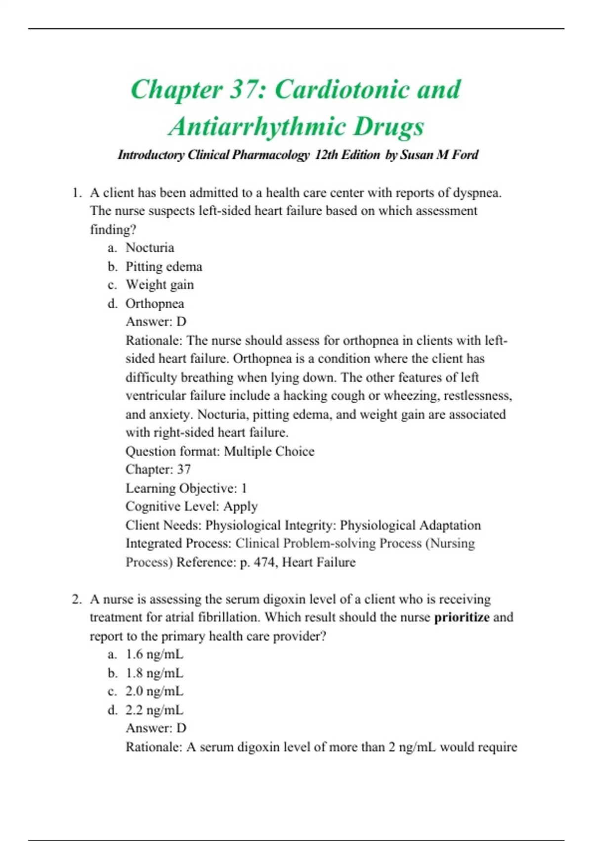 Chapter 37: Cardiotonic and Antiarrhythmic Drugs Introductory Clinical ...