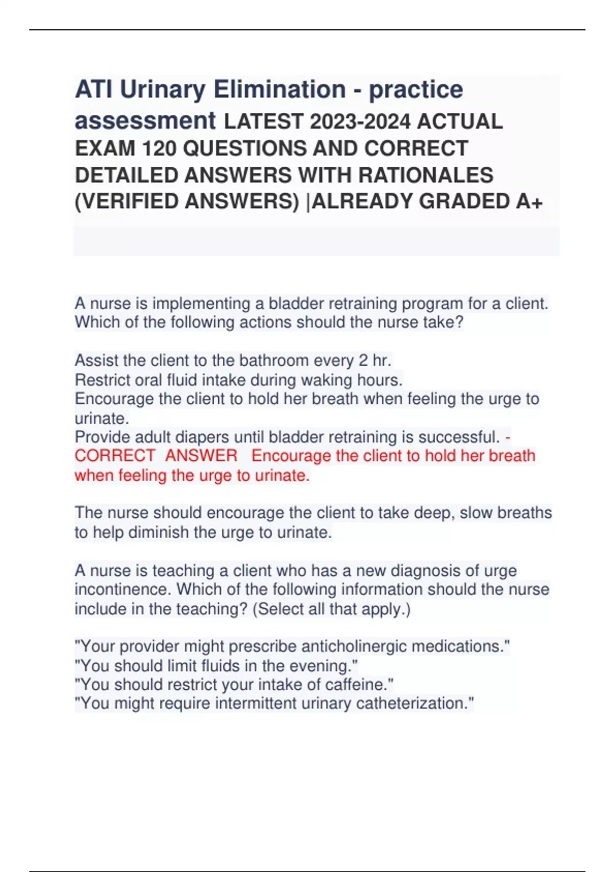 ATI Urinary Elimination - practice assessment LATEST ACTUAL EXAM 120 ...