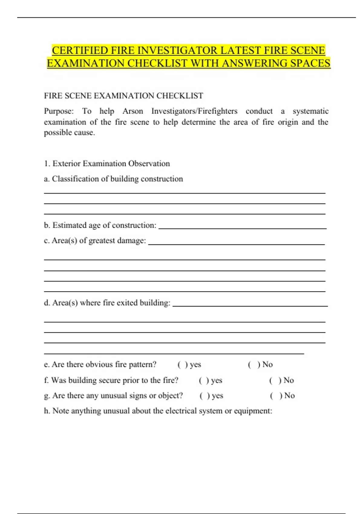 CERTIFIED FIRE INVESTIGATOR LATEST FIRE SCENE EXAMINATION CHECKLIST ...