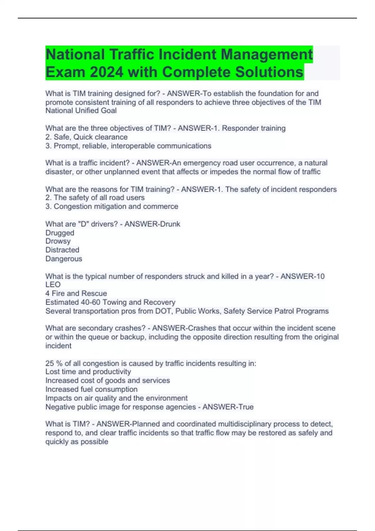 National Traffic Incident Management Exam 2024 with Complete Solutions ...