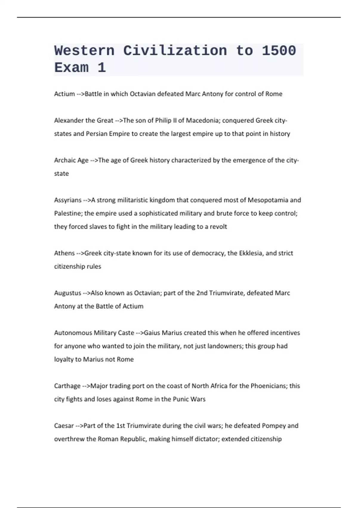 Western Civilization to 1500 Exam 1 with Correct Answers 2024 - Western ...