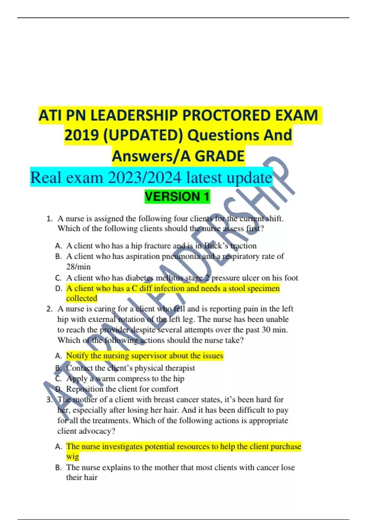 ATI PN LEADERSHIP PROCTORED EXAM 2019 (UPDATED) Questions And Answers/A ...