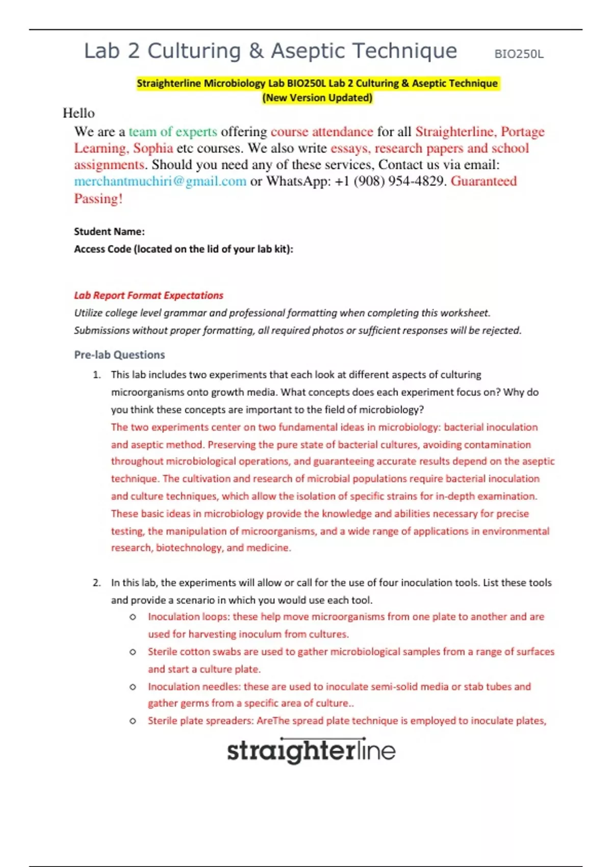 Straighterline Microbiology Lab BIO250L Lab 2 Culturing & Aseptic ...