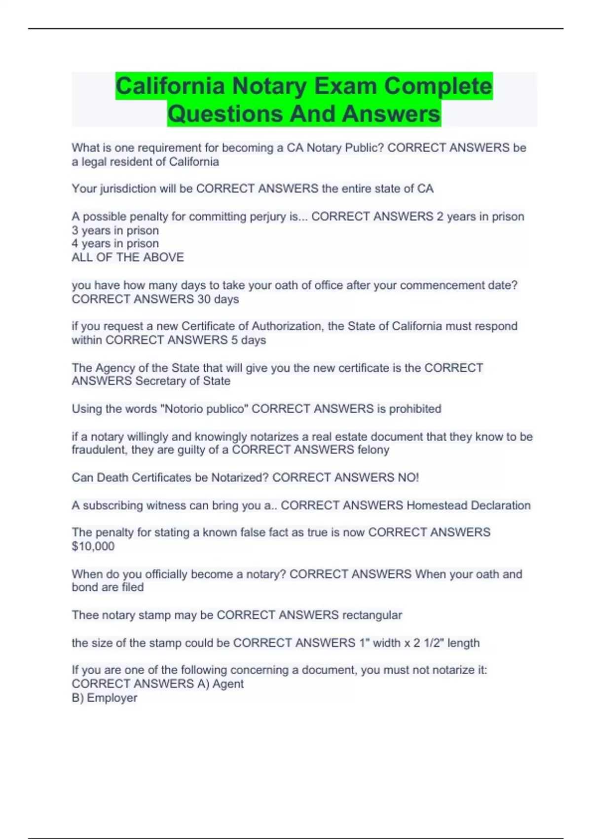 California Notary Exam Complete Questions And Answers - California ...