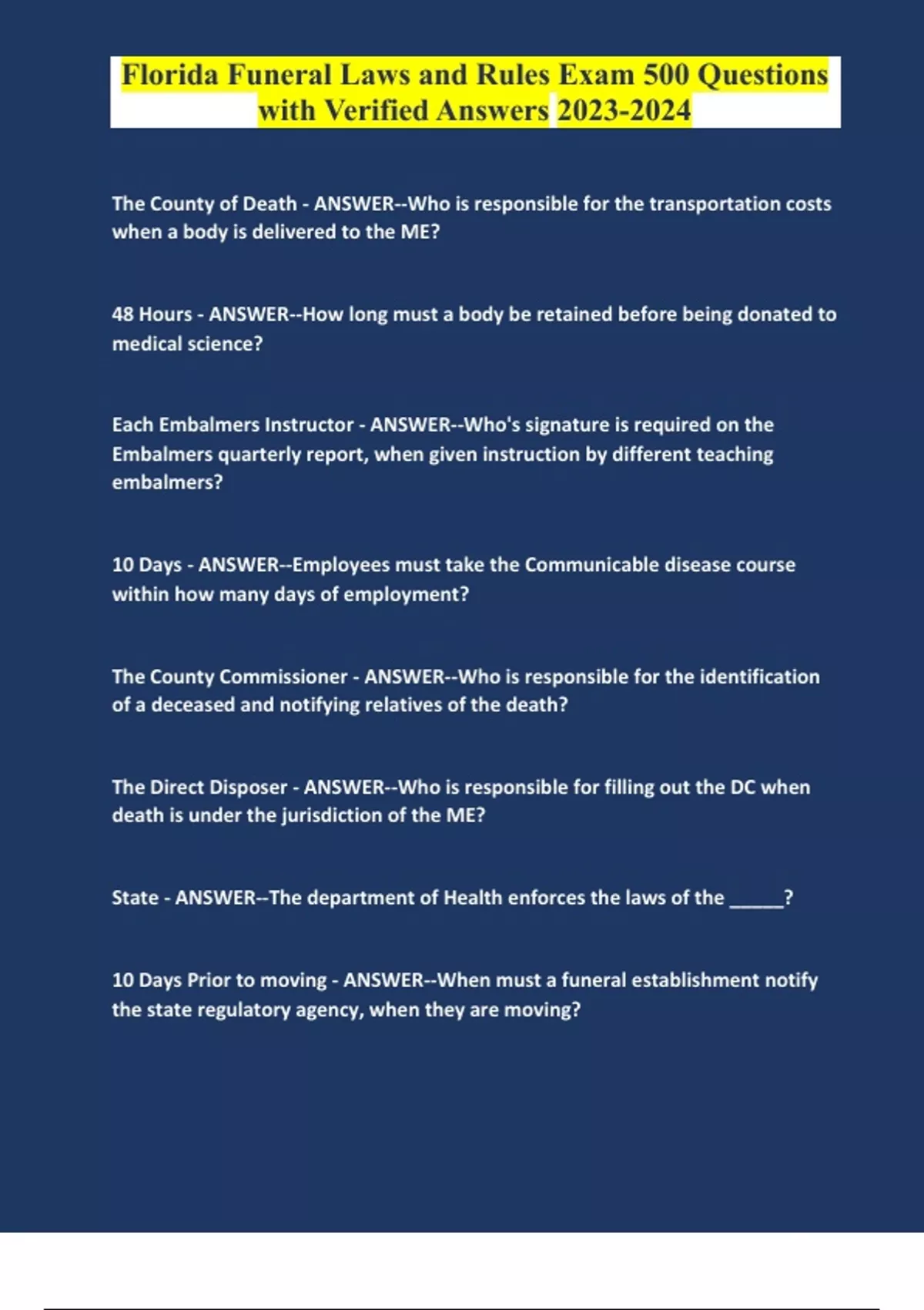 Florida Funeral Laws and Rules Exam 500 Questions with Verified Answers ...