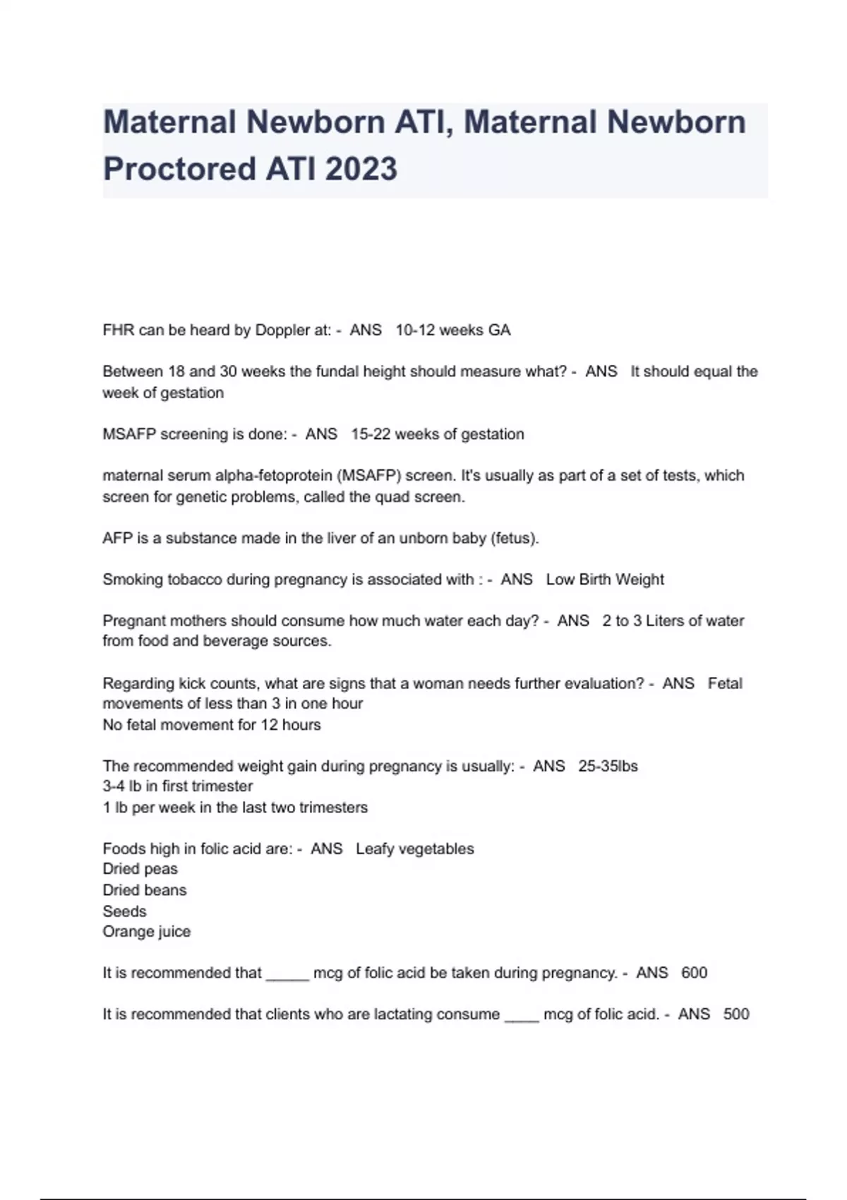 Maternal Newborn ATI, Maternal Newborn Proctored ATI 2023 Exam ...