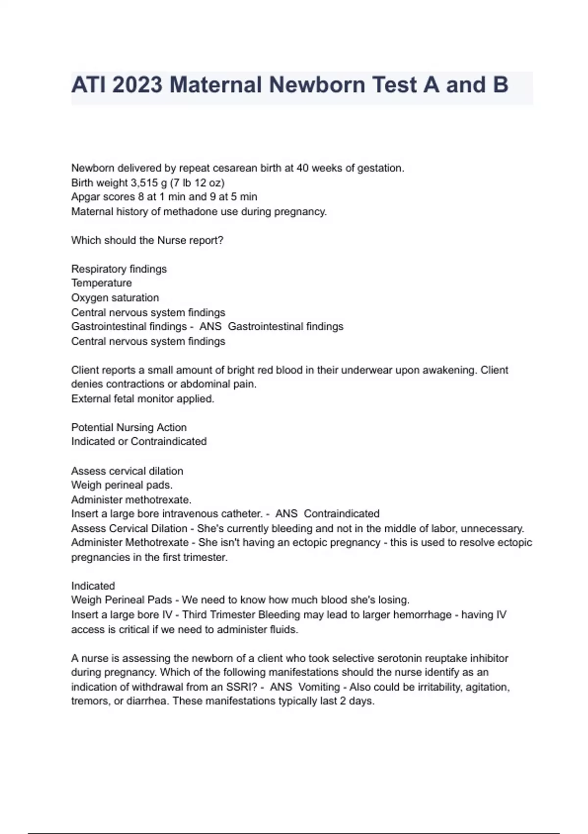 ATI 2023 Maternal Newborn Test A and B Exam Questions And Answers - ATI ...