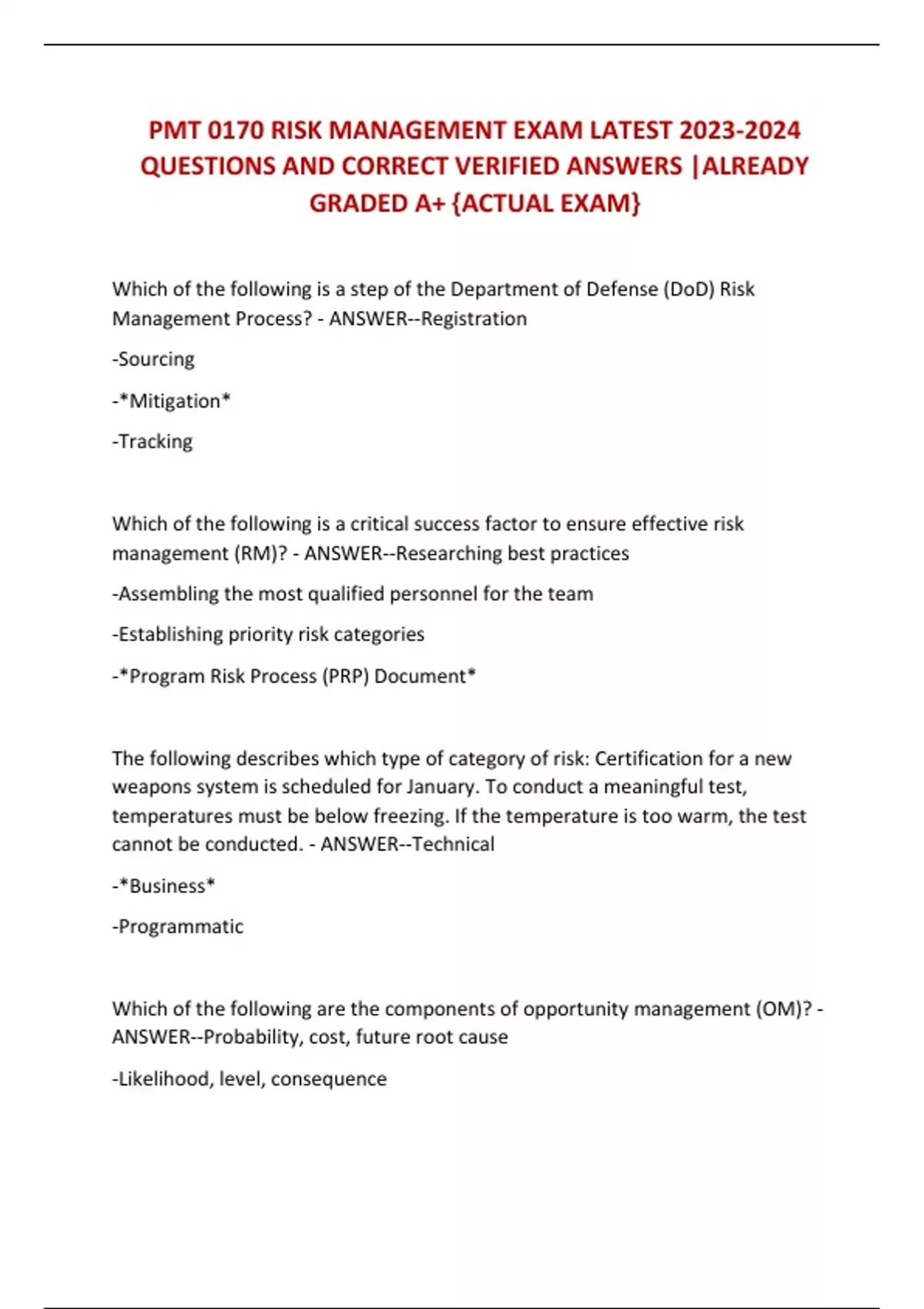 PMT 0170 RISK MANAGEMENT EXAM LATEST QUESTIONS AND CORRECT VERIFIED ...