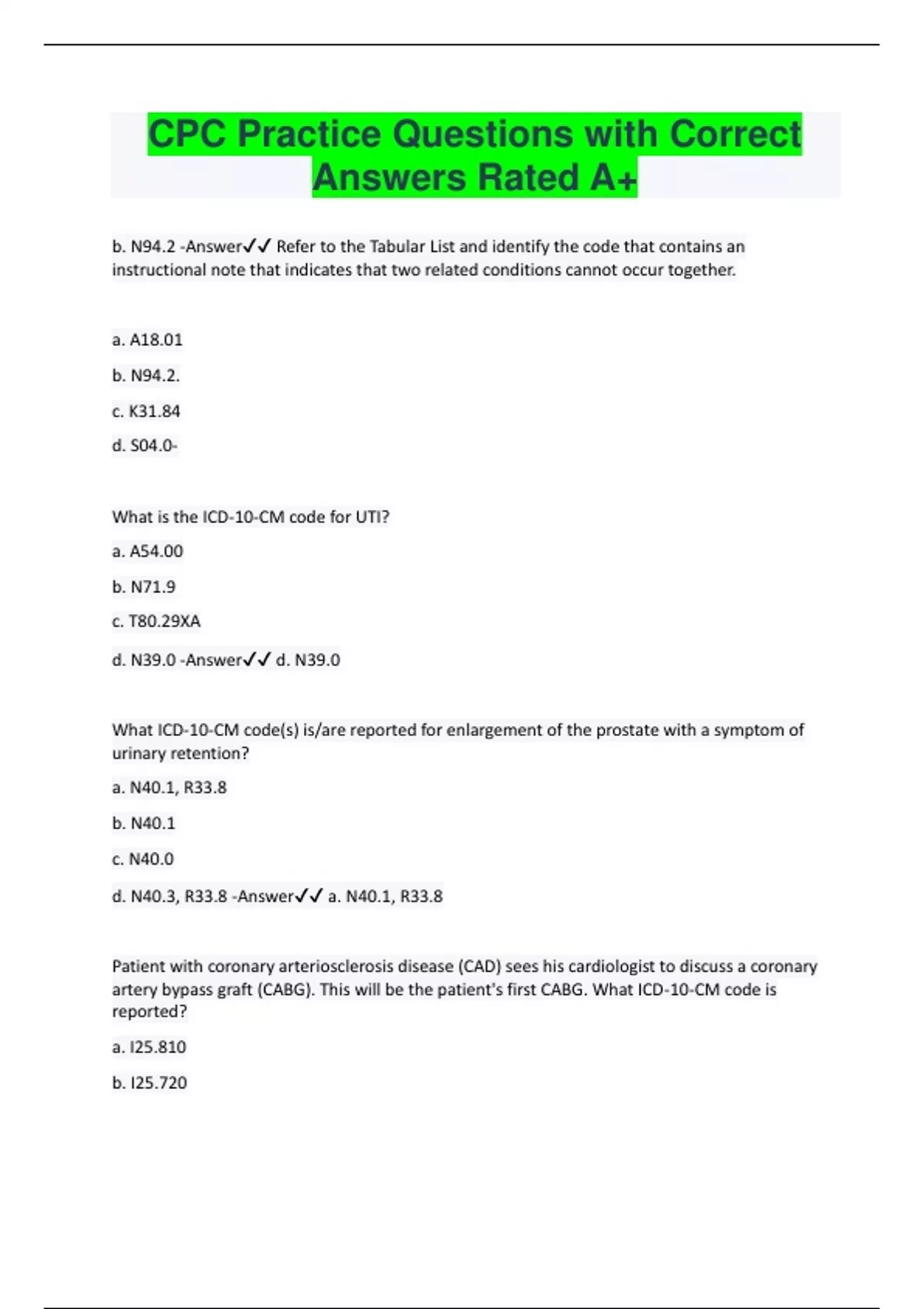 CPC Practice Questions with Correct Answers Rated A+ - CPC - Stuvia US