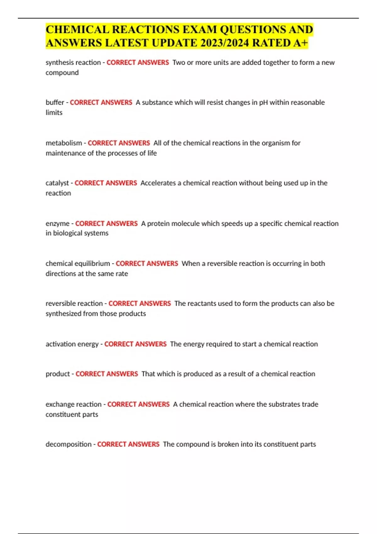 CHEMICAL REACTIONS EXAM QUESTIONS AND ANSWERS LATEST UPDATE 2023/2024 ...