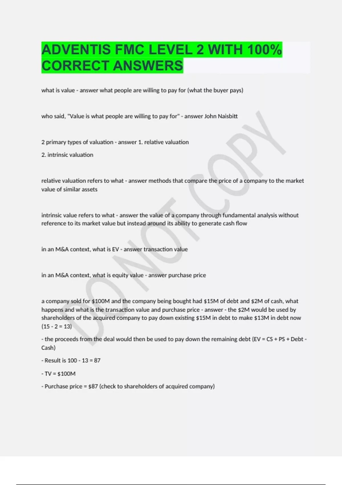 ADVENTIS FMC LEVEL 2 WITH 100% CORRECT ANSWERS - Adventis FMC 1 - Stuvia US