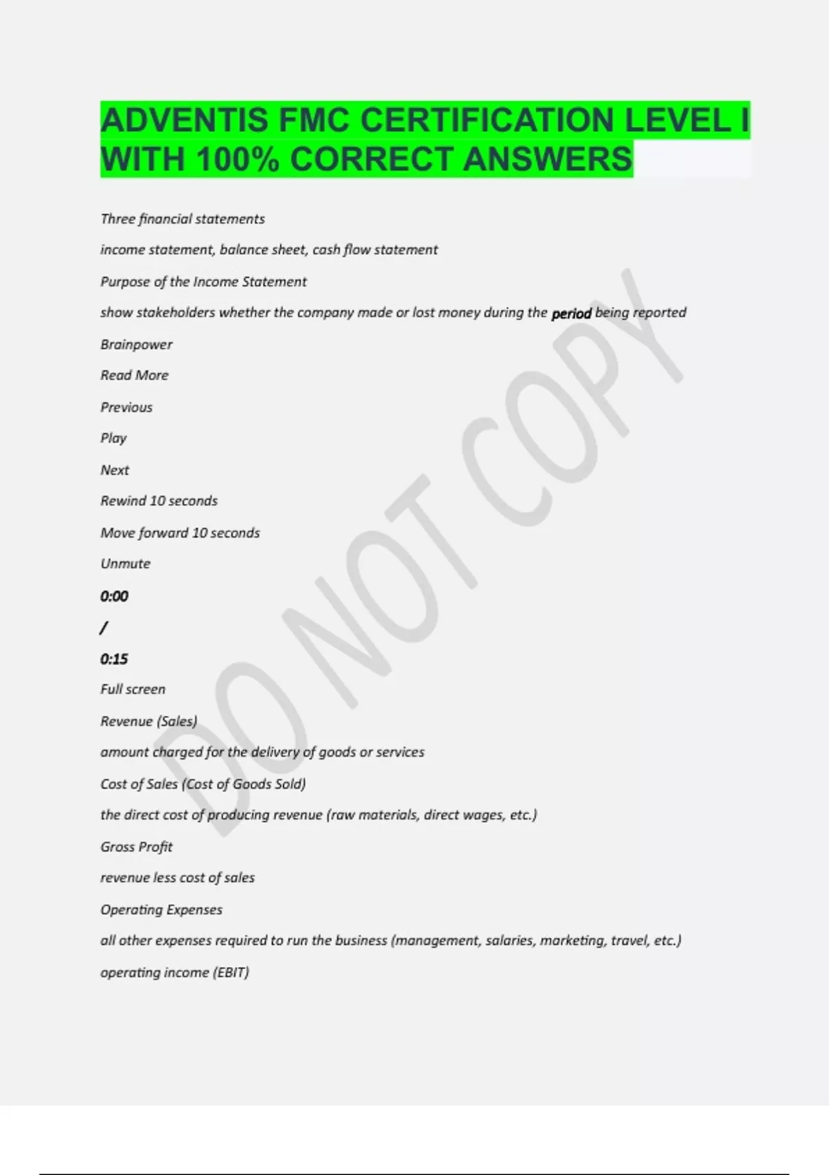 ADVENTIS FMC CERTIFICATION LEVEL I WITH 100% CORRECT ANSWERS. - Adventis FMC 1 - Stuvia US