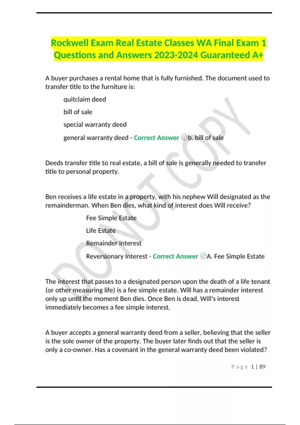 Rockwell Exam Real Estate Classes WA Final Exam 1 Questions and Answers ...