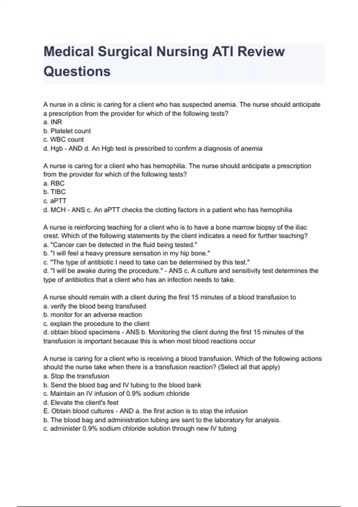 Medical Surgical Nursing ATI Review 2023/2024 Questions With Complete ...