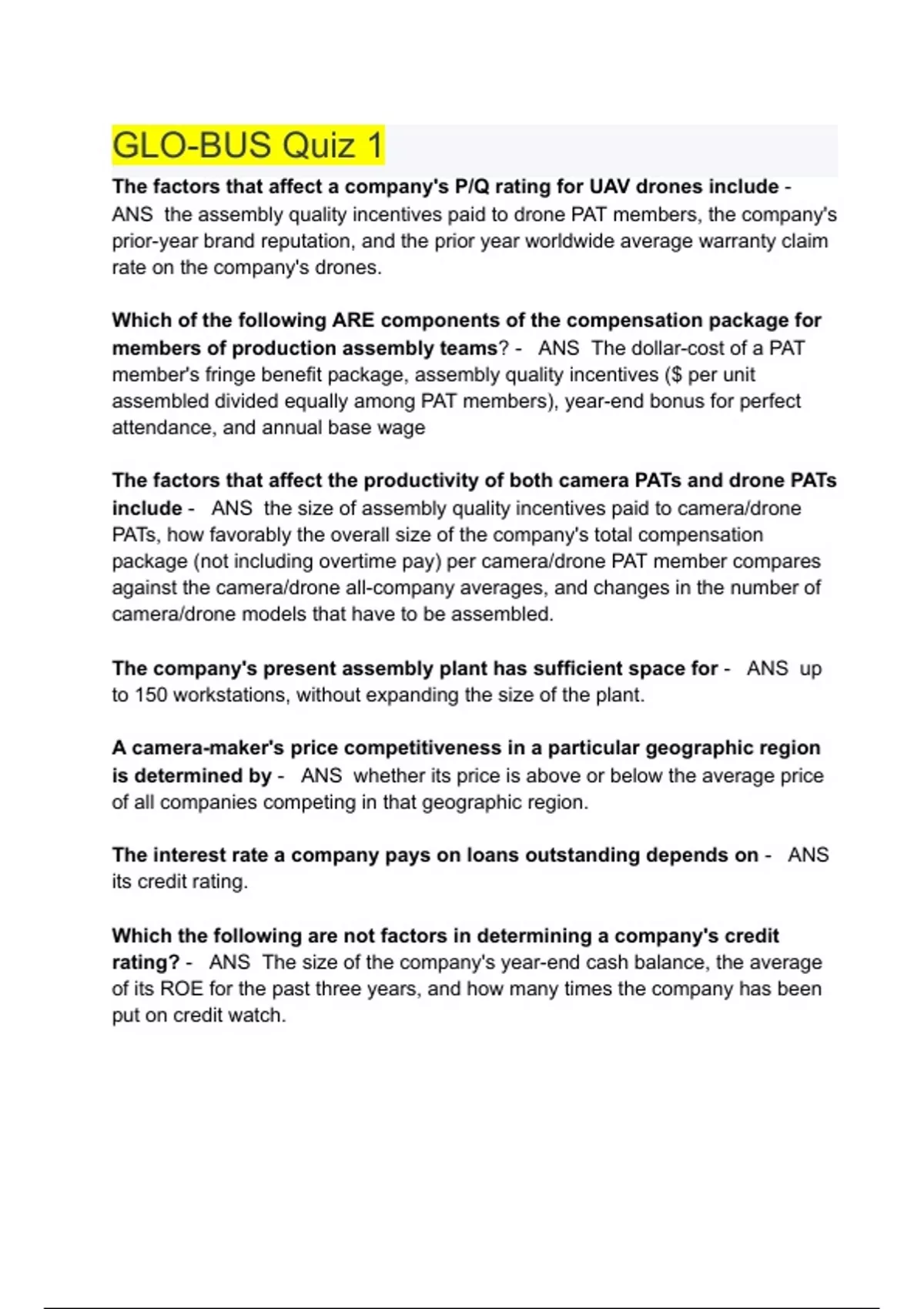 GLO-BUS Quiz 1 Exam QUESTIONS & ANSWERS 2024 ( A+ GRADED 100% VERIFIED) - GLO-BUS 1 - Stuvia US