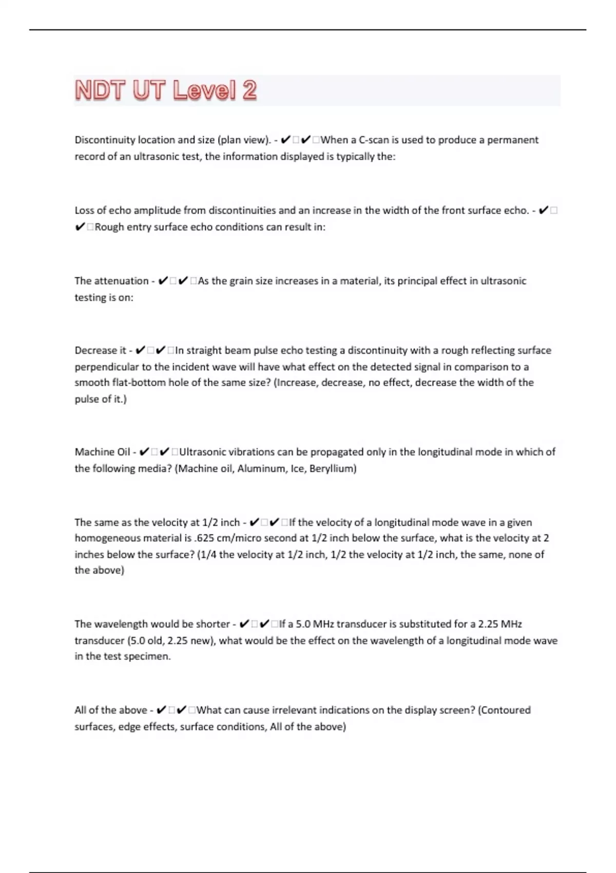 NDT UT Level 2|104 Questions with 100% Correct Answers | Verified ...