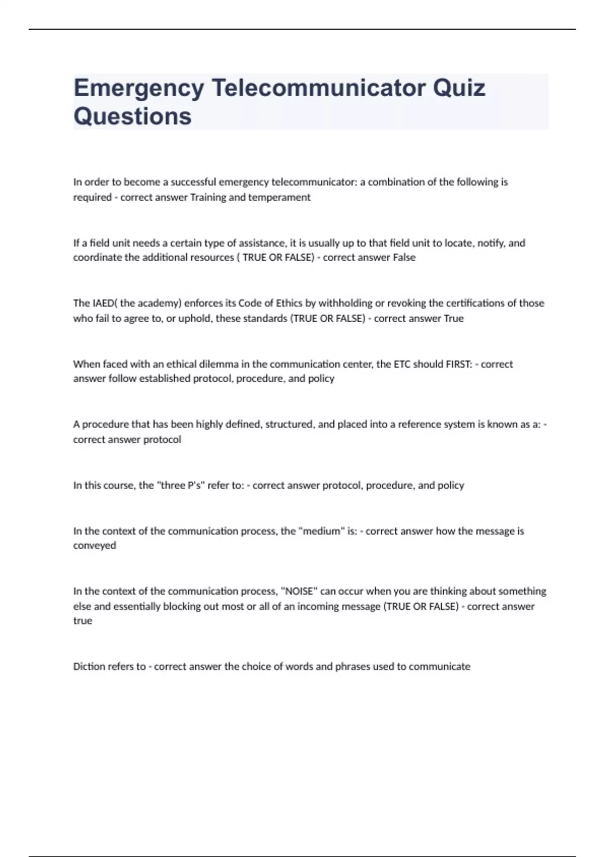 Emergency Telecommunicator Quiz Questions and answers correctly solved ...