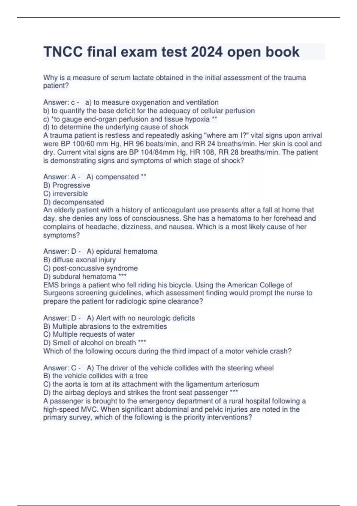 TNCC final exam test 2024 open book - TNCC - Stuvia US