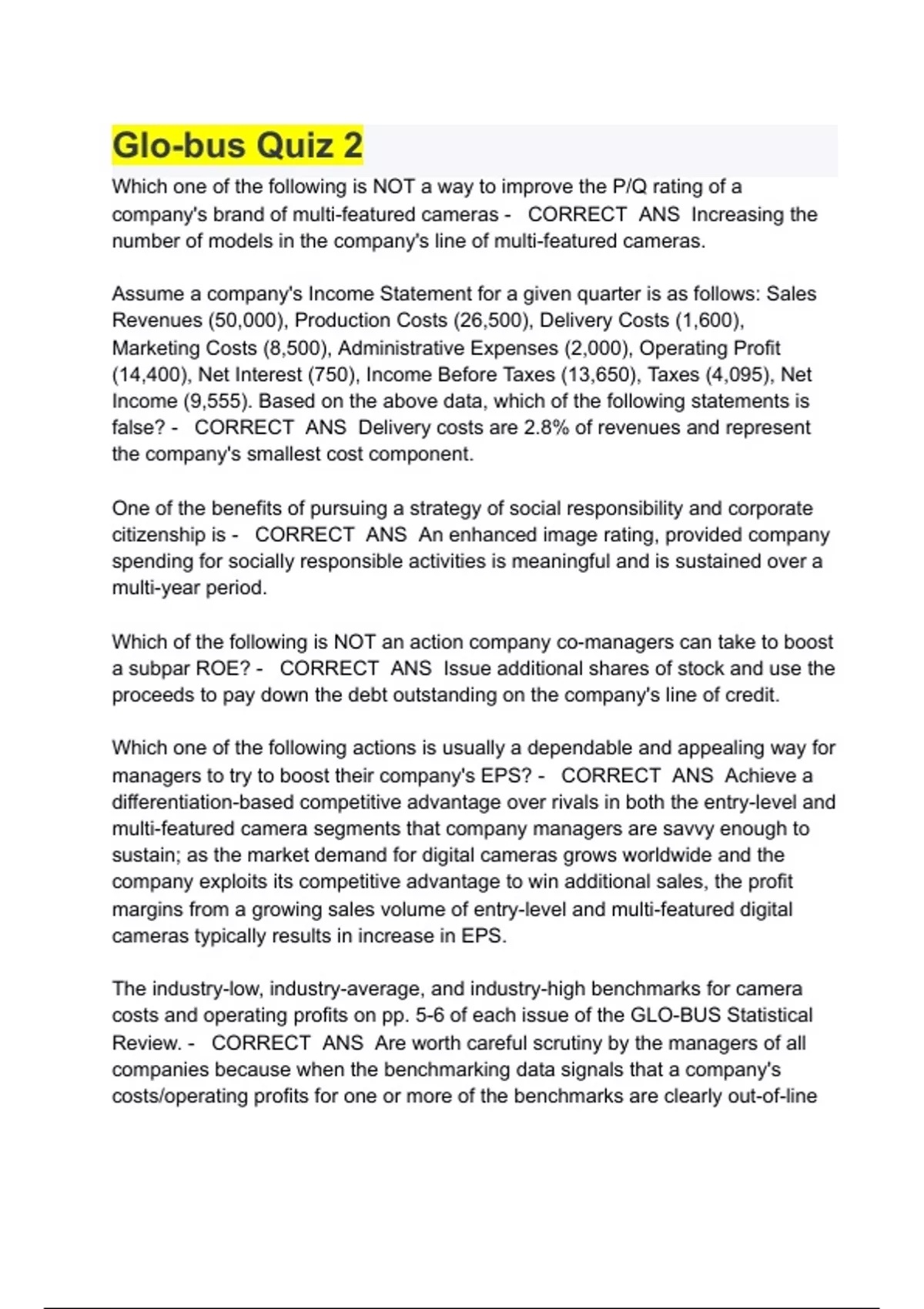 Glo-bus Quiz 2 Exam QUESTIONS & ANSWERS 2024( A+ GRADED 100% VERIFIED) - Glo-bus 2 - Stuvia US