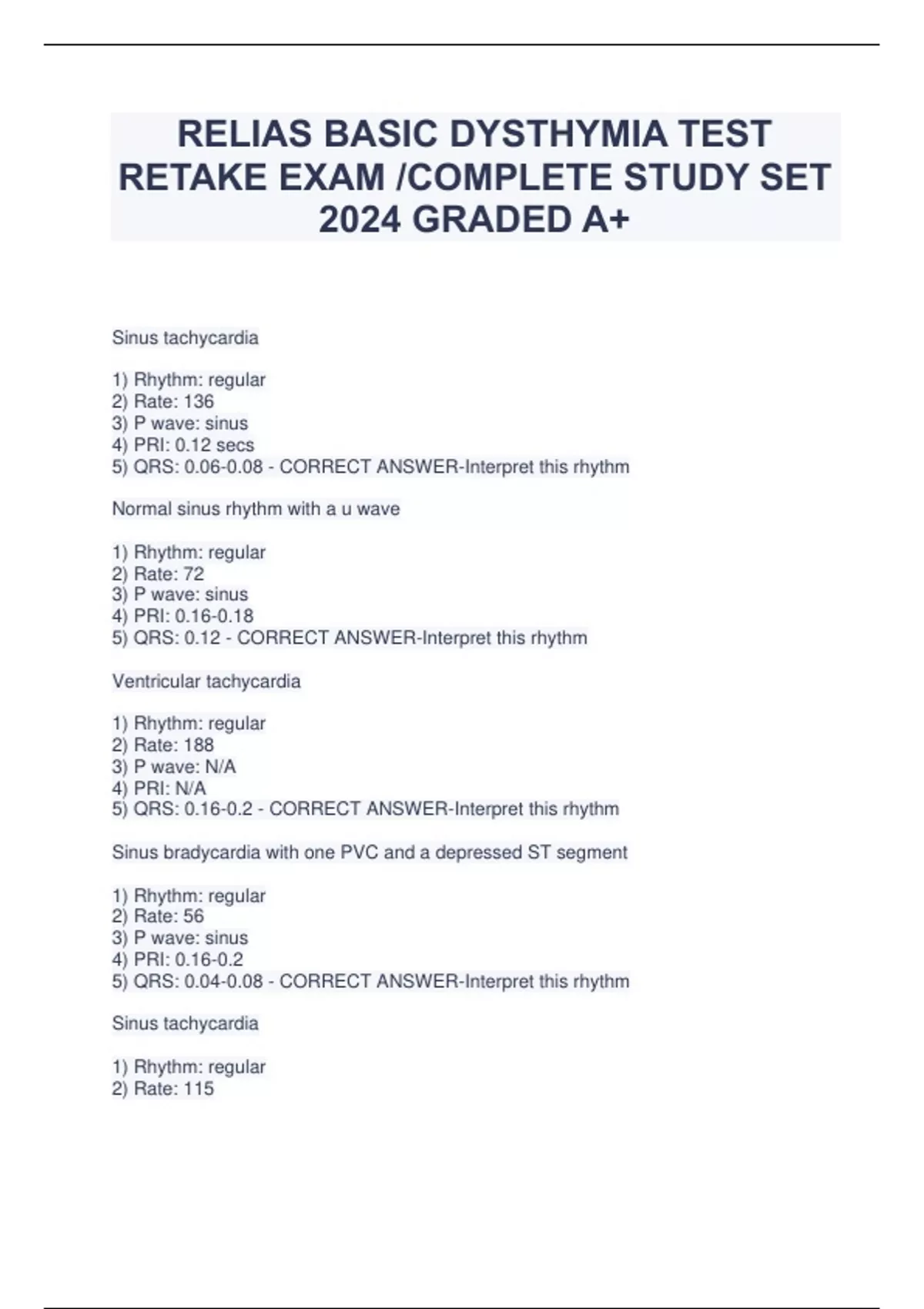 RELIAS BASIC DYSTHYMIA TEST RETAKE EXAM /COMPLETE STUDY SET 2024 GRADED ...