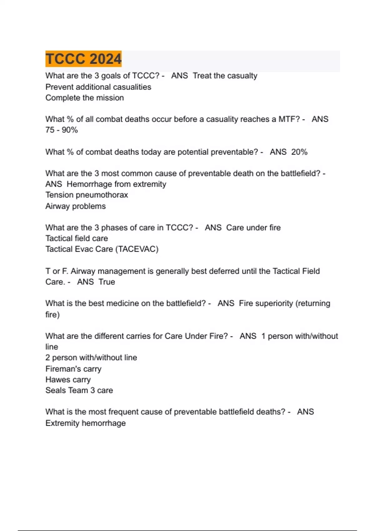 TCCC(Tactical Combat Casualty Care) EXAM FULL BUNDLE|| ACTUAL EXAMS ...