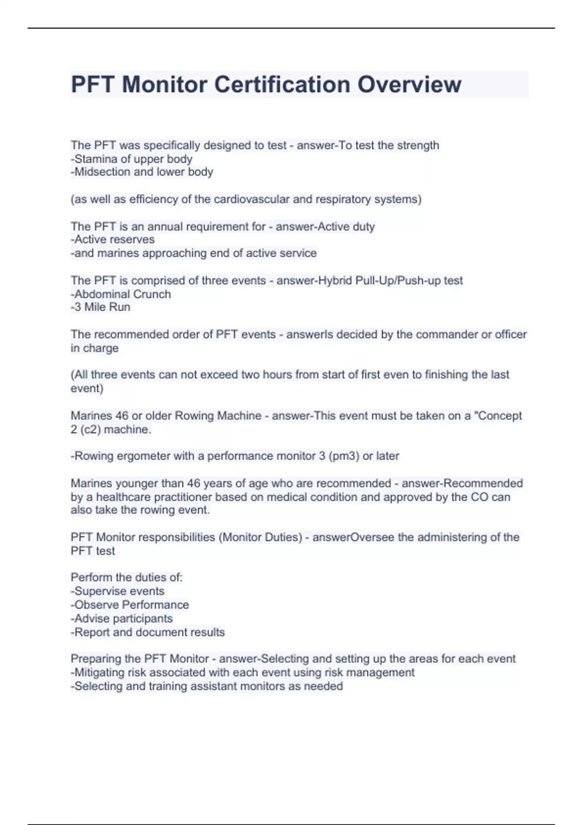 PFT Monitor Certification Overview Questions with solutions 2023 - USNC ...