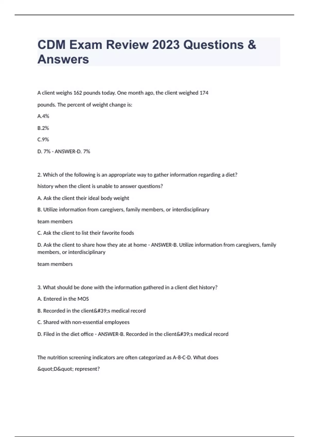 CDM Exam Review 2023 Questions & Answers - CDM E - Stuvia US