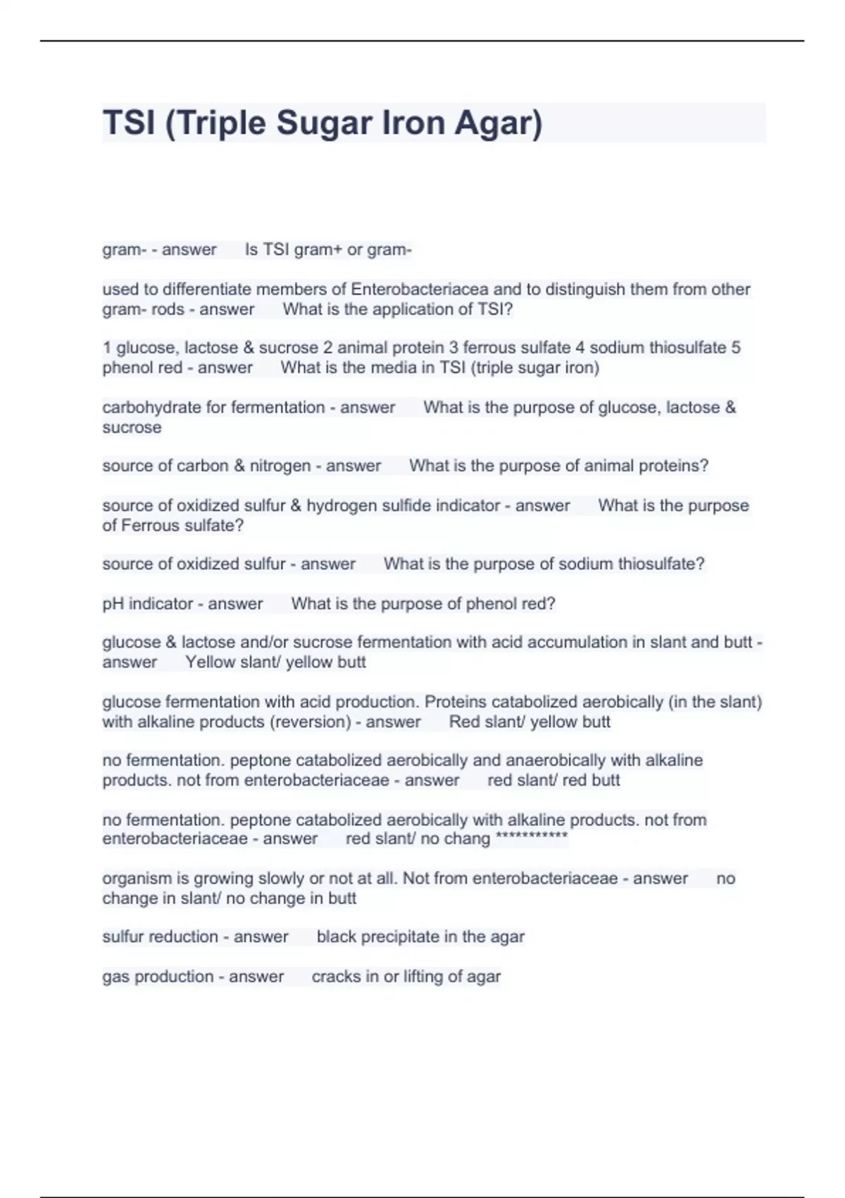 TSI (Triple Sugar Iron Agar) Questions with solutions 2023 - TSI ...