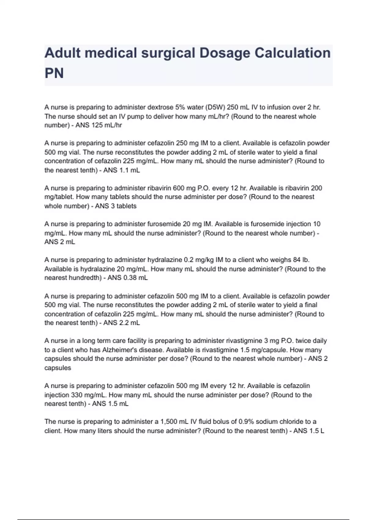 Adult medical surgical Dosage Calculation PN PROCTORED Exam retake 2025 ...