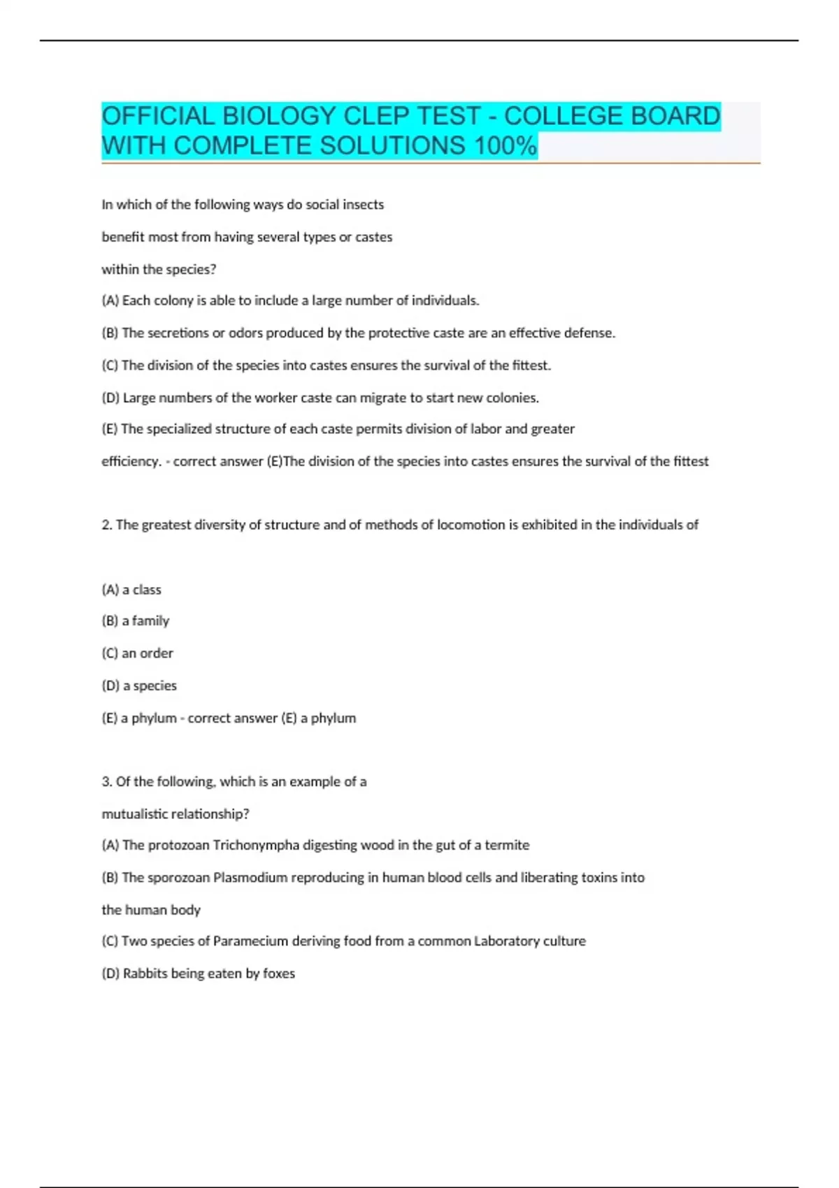 OFFICIAL BIOLOGY CLEP TEST - COLLEGE BOARD WITH COMPLETE SOLUTIONS 100% ...