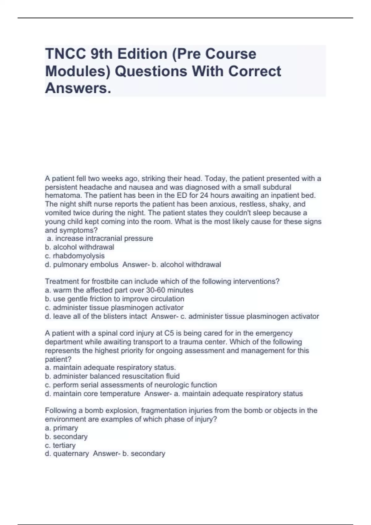 Tncc 9th Edition Exam Answers Causes Of Shock, Stages Of Sho