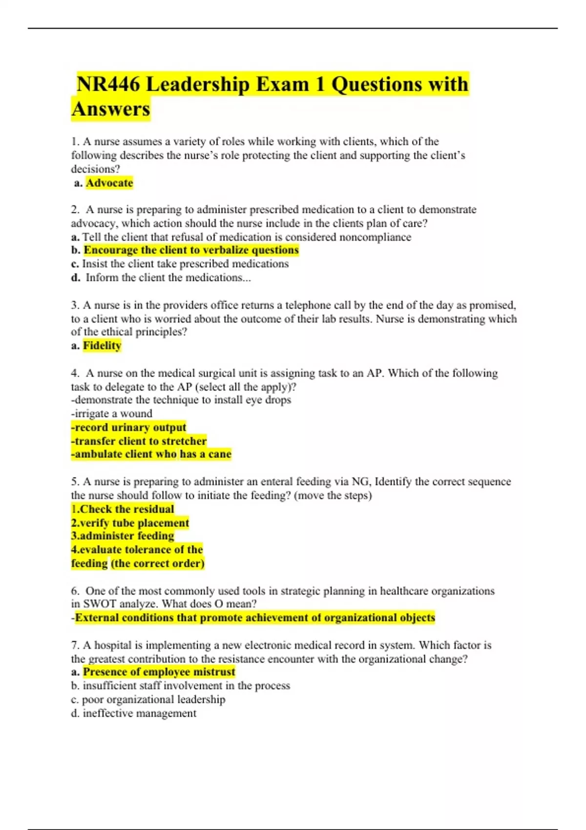 NR446 Leadership Exam 1 Questions with Answers - NR446 Leadswers ...