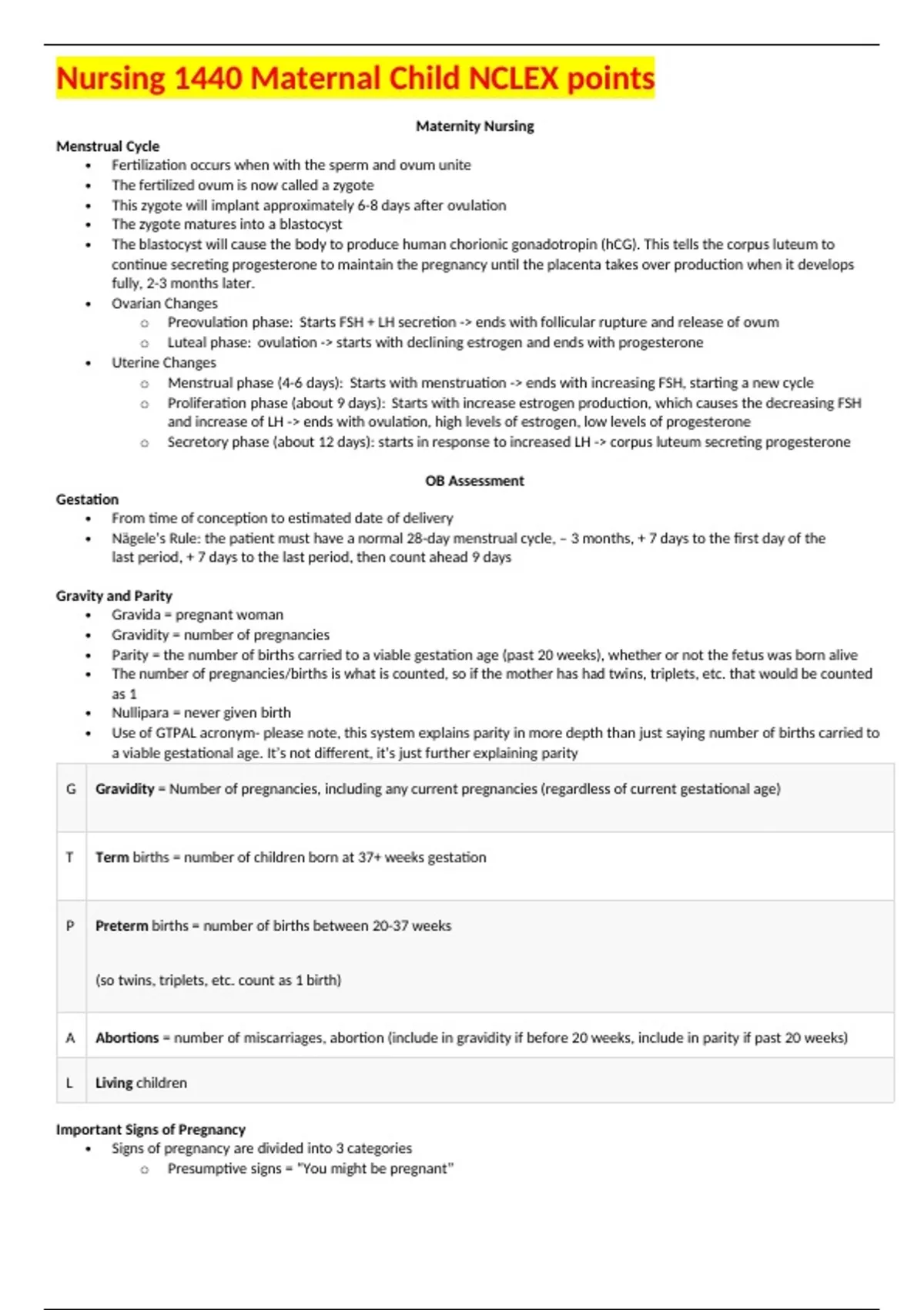 Nursing 1440 Maternal Child NCLEX points - Nursinoints - Stuvia US