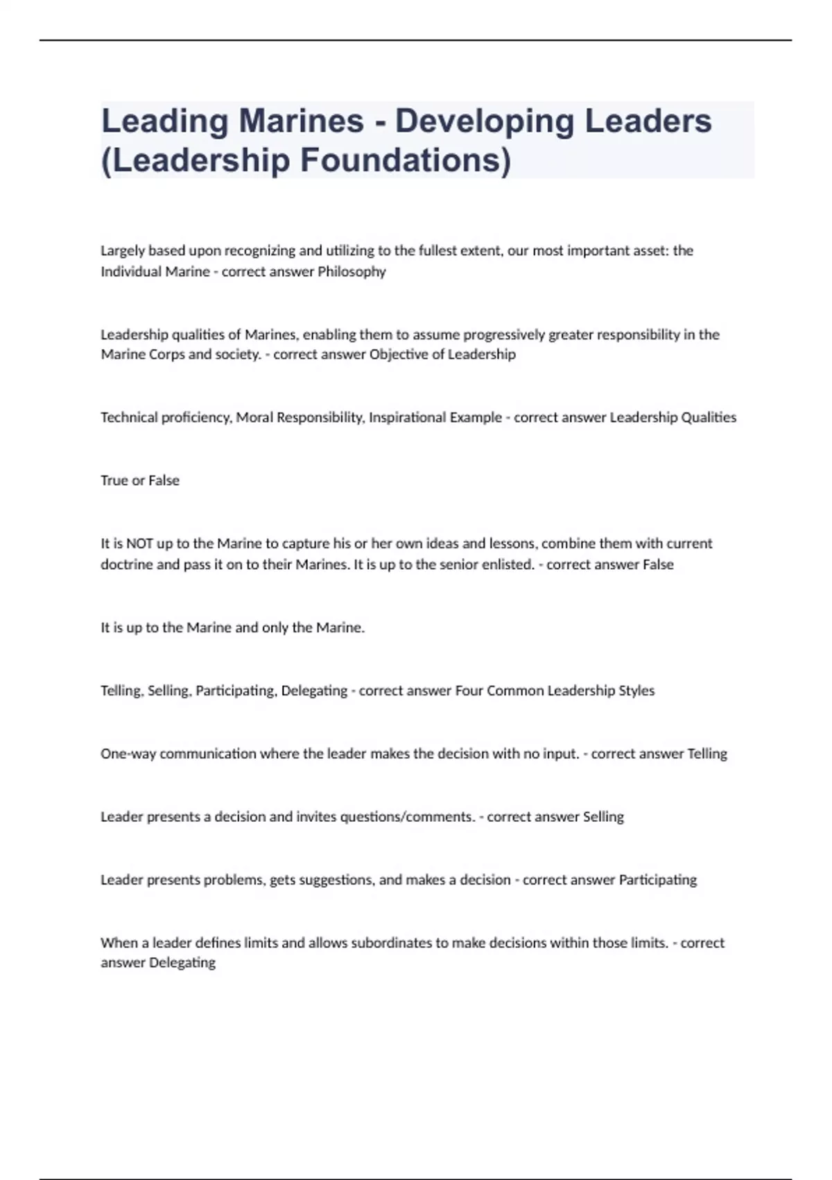 Leading Marines - Developing Leaders (Leadership Foundations) Question ...