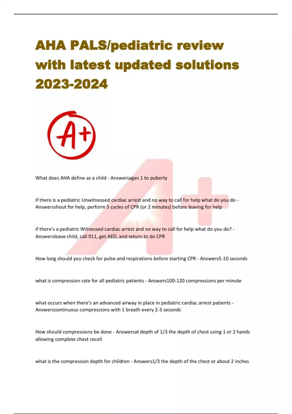 AHA PALS/pediatric review with latest updated solutions - AHA PALS ...