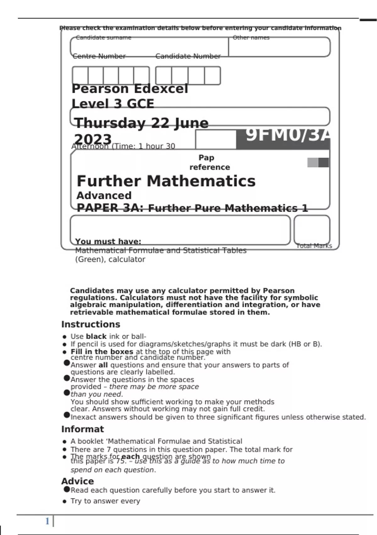 Pearson Edexcel Level 3 GCE Further Mathematics Advanced PAPER 3A ...