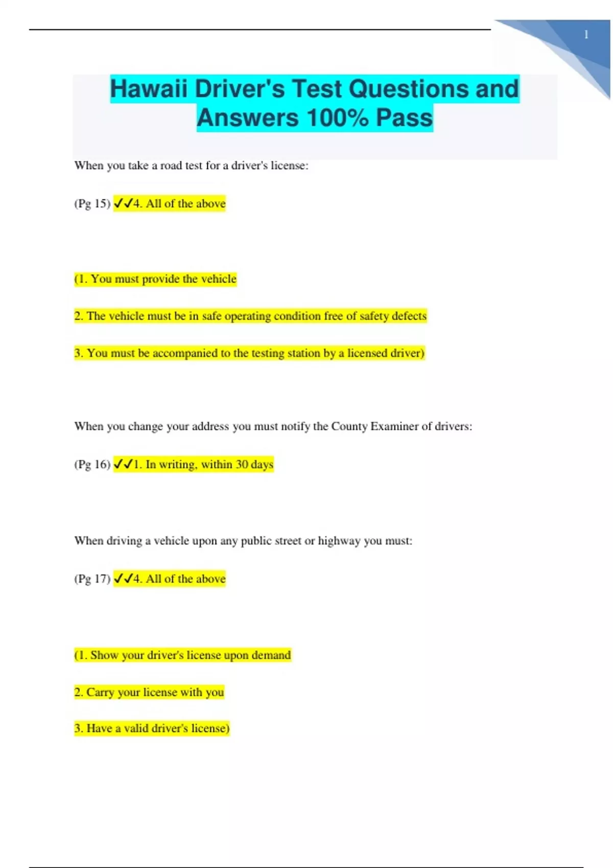 Hawaii Driver's Test Questions and Answers 100% Pass complete solution ...
