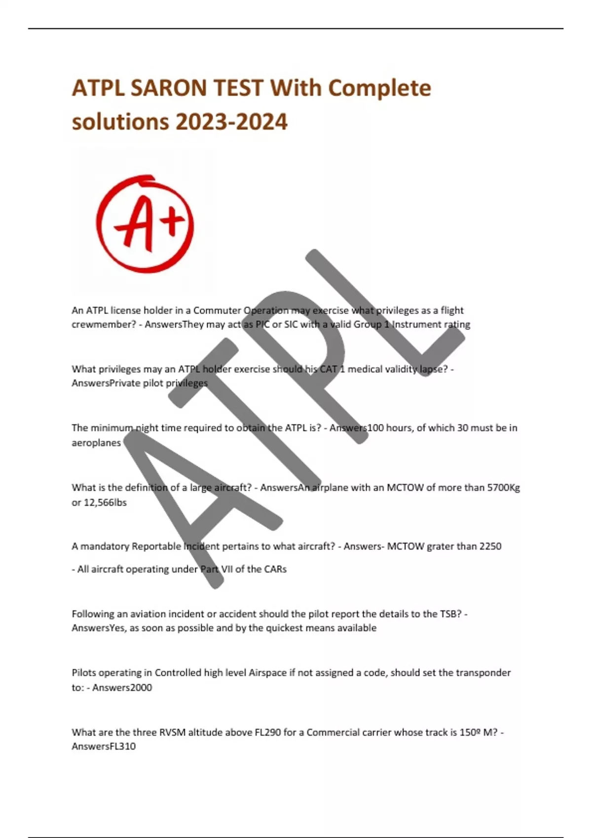 ATPL SARON TEST With Complete solutions - SARON - Stuvia US