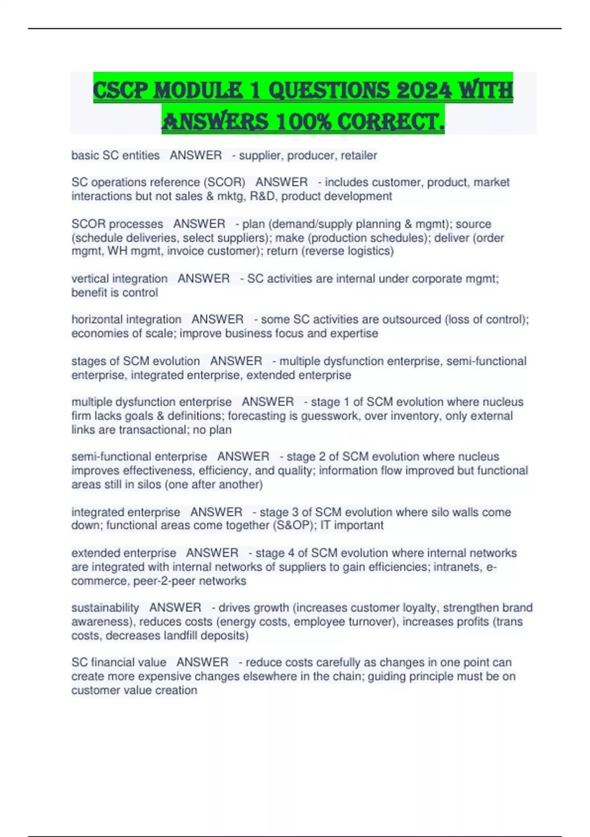 Cscp Module 1 Questions 2024 With Answers 100 Correct Cscp Stuvia Us