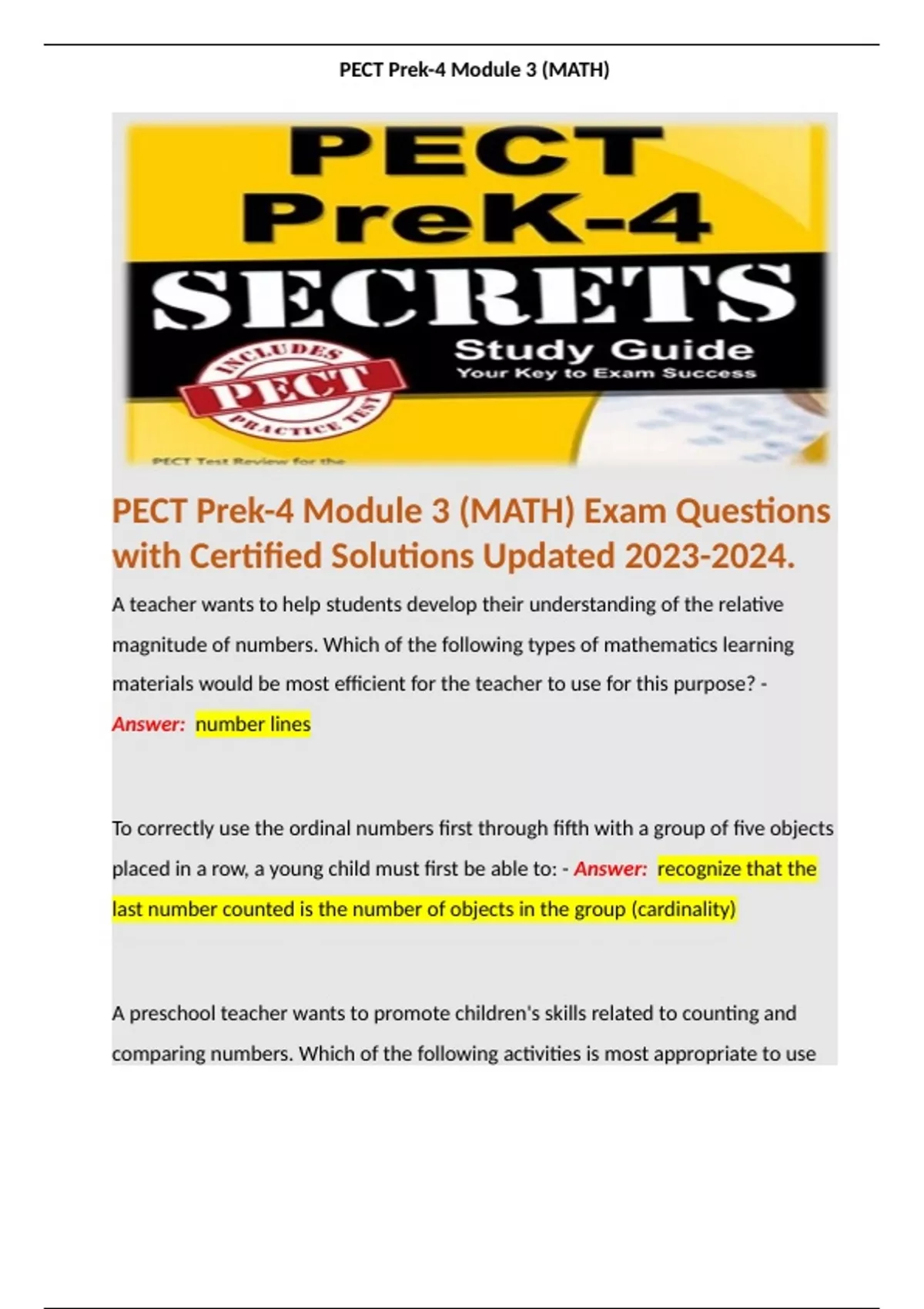 PECT Prek-4 Module 3 (MATH) Exam Questions with Certified Solutions ...