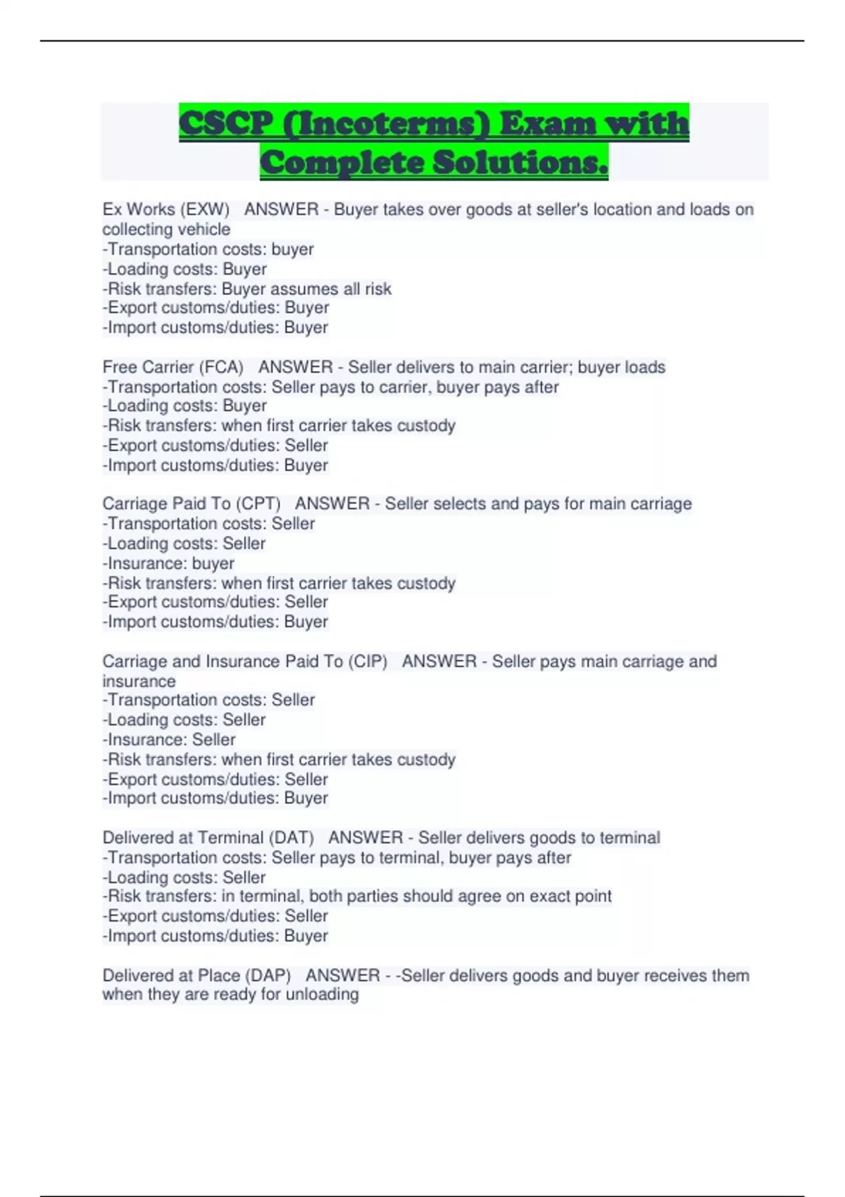 CSCP (Incoterms) Exam with Complete Solutions. - CSCP - Stuvia US