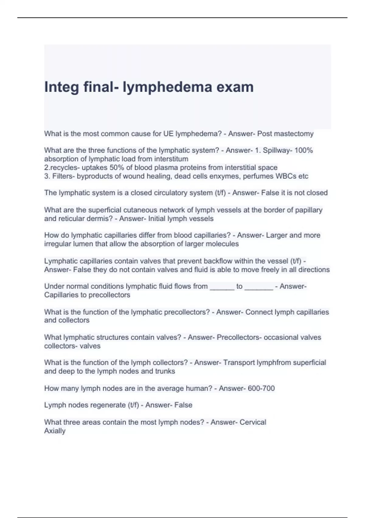 Integ final- lymphedema exam with complete solutions - Lymphedema - Stuvia US