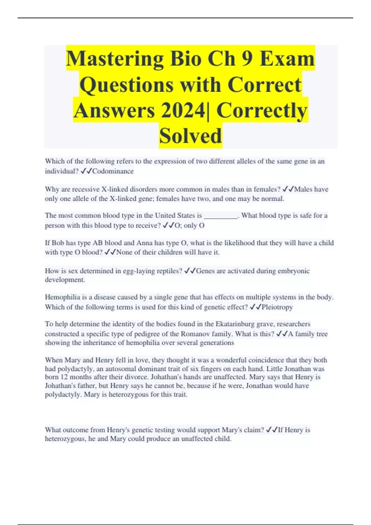 Mastering Bio Ch 9 Exam Questions with Correct Answers 2024| Correctly Solved - Mastering Bio Ch ...
