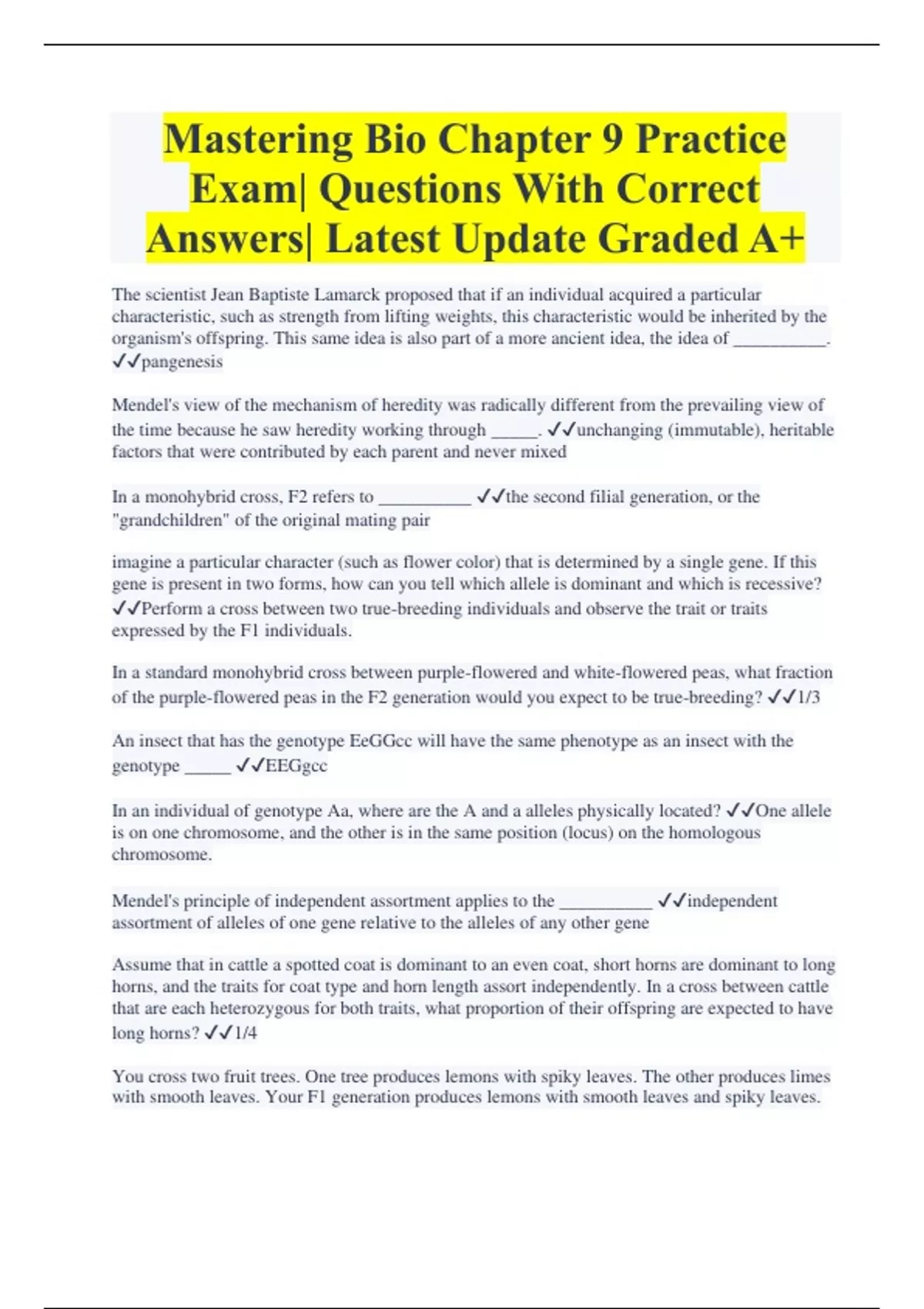 Mastering Bio Chapter 9 Practice Exam| Questions With Correct Answers ...