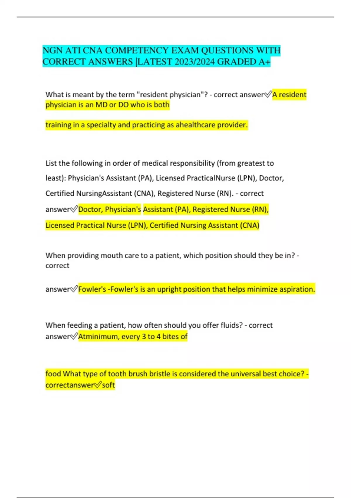 NGN ATI CNA COMPETENCY EXAM QUESTIONS WITH CORRECT ANSWERS LATEST ...