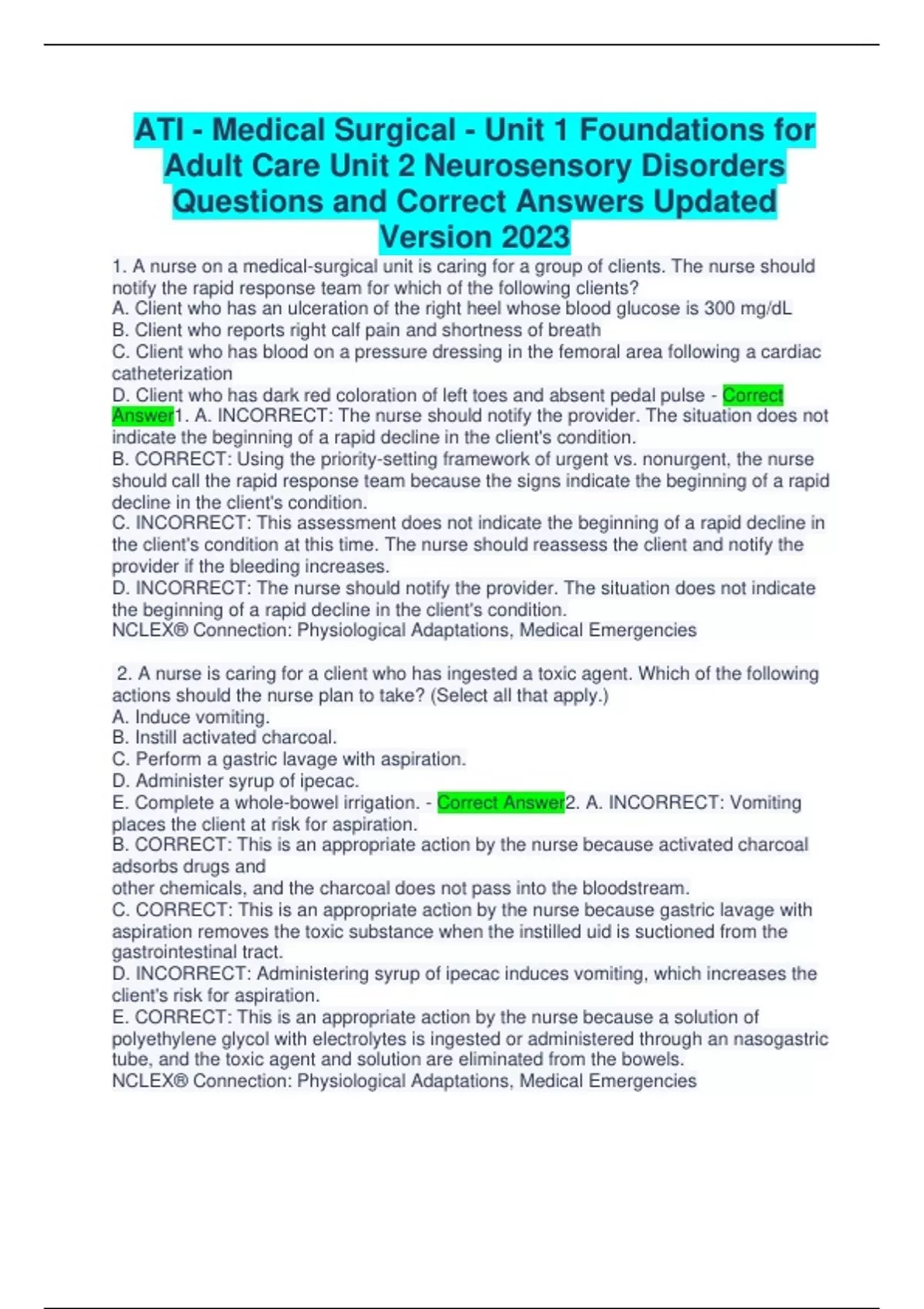 ATI - Medical Surgical - Unit 1 Foundations for Adult Care Unit 2 ...