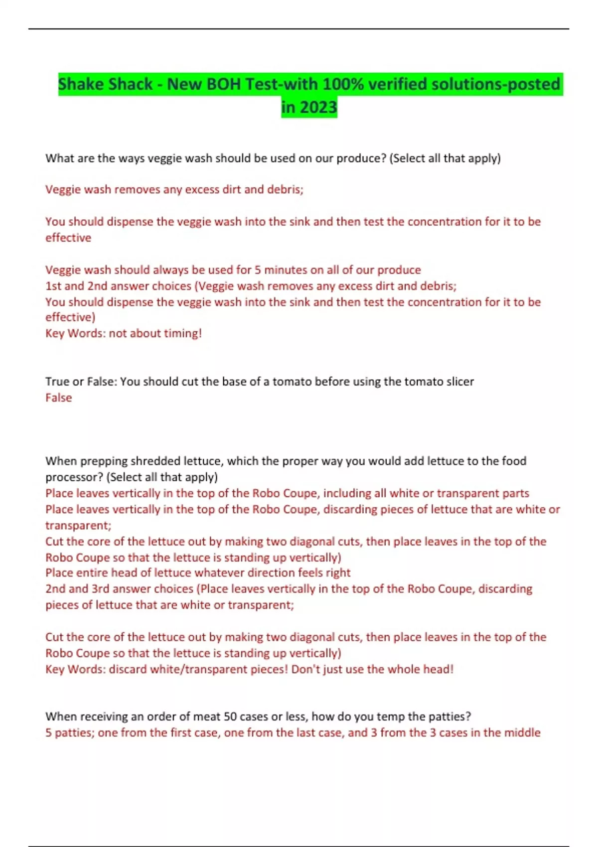 Shake Shack - New BOH Test-with 100% verified solutions-posted in 2023 ...