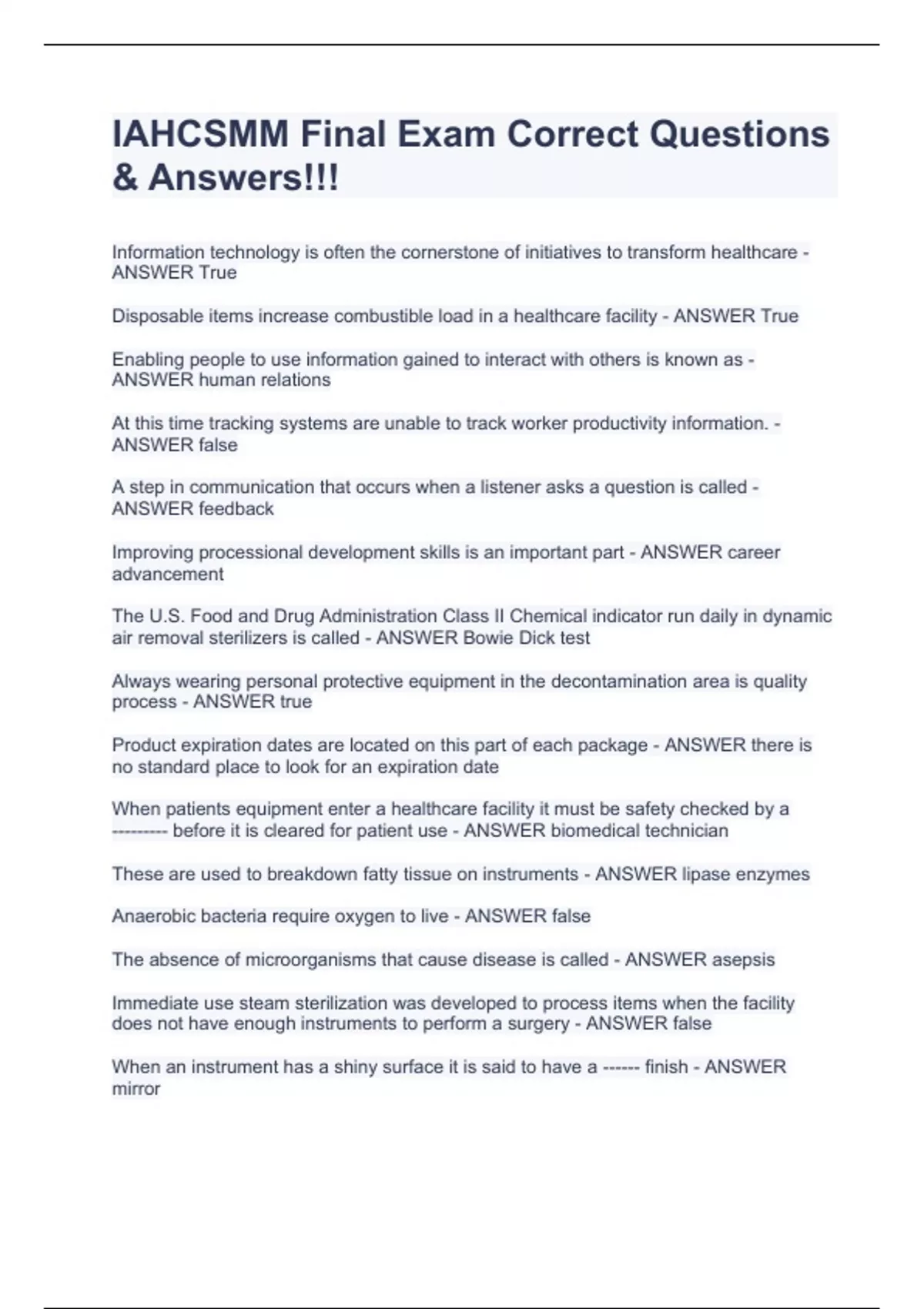 IAHCSMM Final Exam Correct Questions & Answers!!! - IAHCSMM - Stuvia US