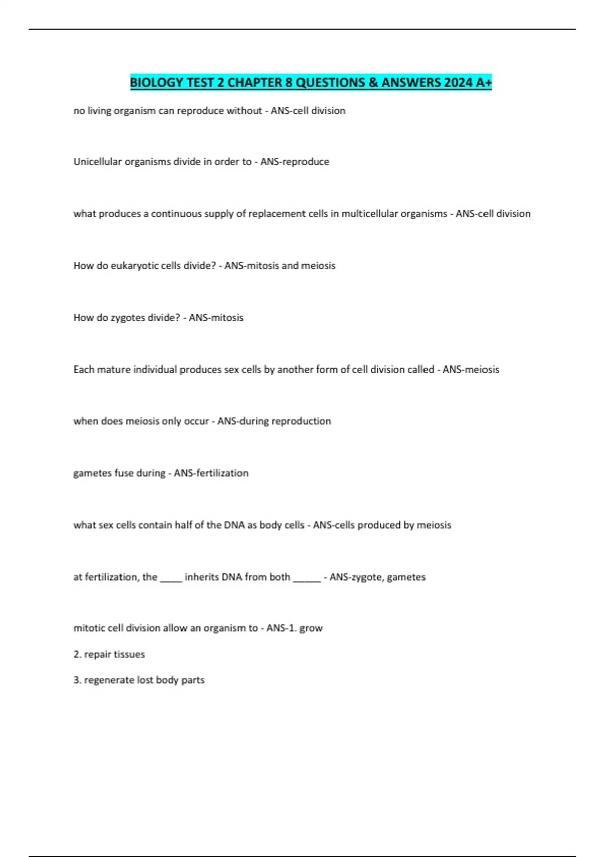 BIOLOGY TEST 2 CHAPTER 8 QUESTIONS & ANSWERS 2024 A+ - BIOLOGY TES 2 ...