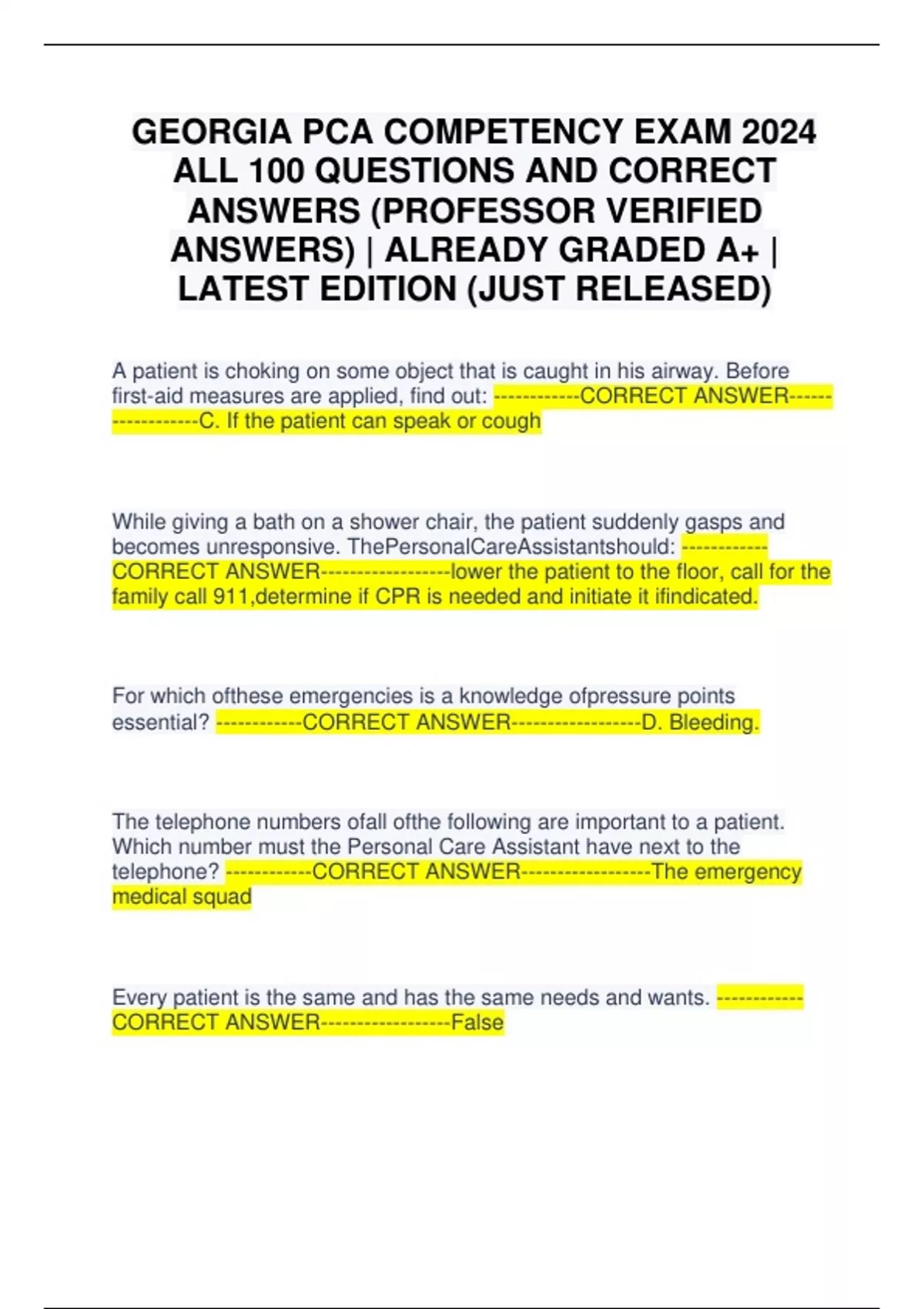 GEORGIA PCA COMPETENCY EXAM 2024 ALL 100 QUESTIONS AND CORRECT ANSWERS ...